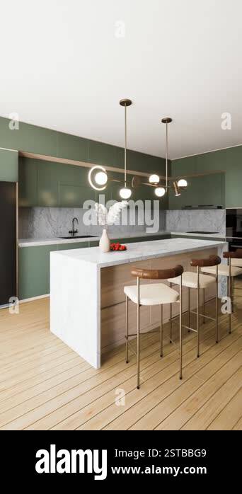 A modern kitchen featuring a stylish pendant light, a marble countertop ...
