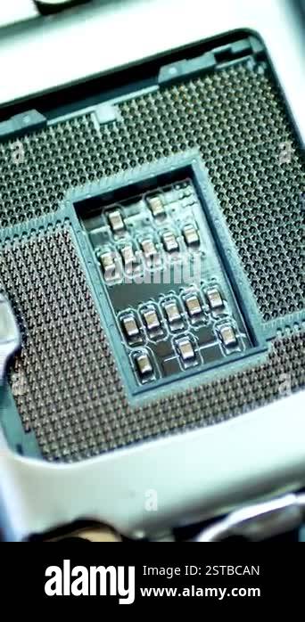 Socket For CPU processor on brown electronic circuit board. Technology and development concept ...