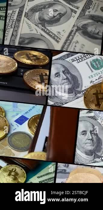 Multiscreen collage of cryptocurrency BTC bitcoin coins. Video wall ...