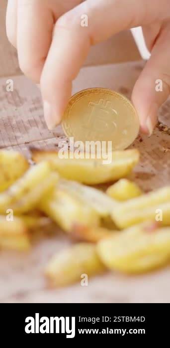 Vertical video. Golden Bitcoin Coin on a Pizza Box with Seasoned French ...