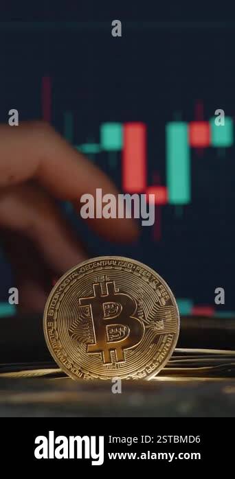 Vertical video. Bitcoin Coin with Falling Dollar Bills and Trading ...