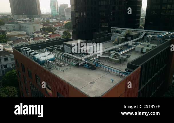 Aerial view of an industrial HVAC and ventilation system on a rooftop ...