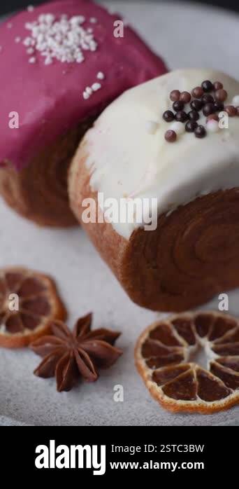 Round sweet New York roll croissant with several flavors cream filling ...