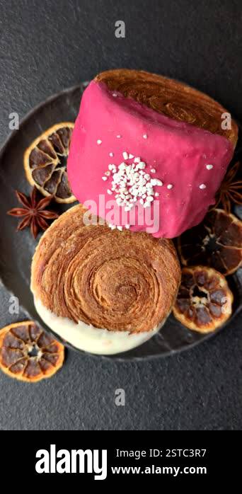 Round sweet New York roll croissant with several flavors cream filling ...