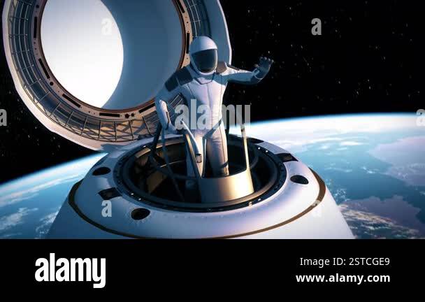 An astronaut steps out of a private spacecraft capsule into outer space ...