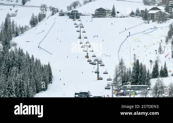 Corvara in Badia, Italy - January 11, 2025: Aerial drone view of a ski ...