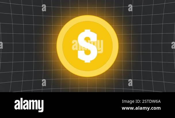 Dollar coin sign moving up and down grid background 4K. Golden dollar ...
