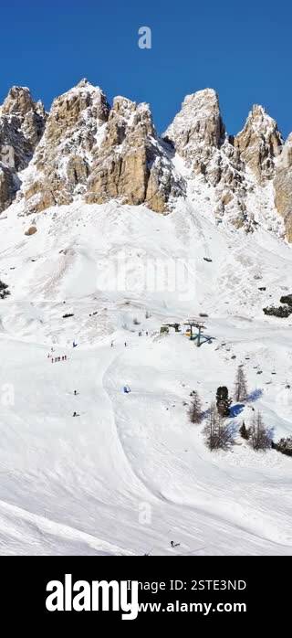 Aerial drone view of the Gardena Pass high mountain pass in the ...