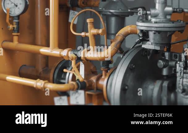 Close-up of a gas reducer at a gas distribution station. Distribution ...