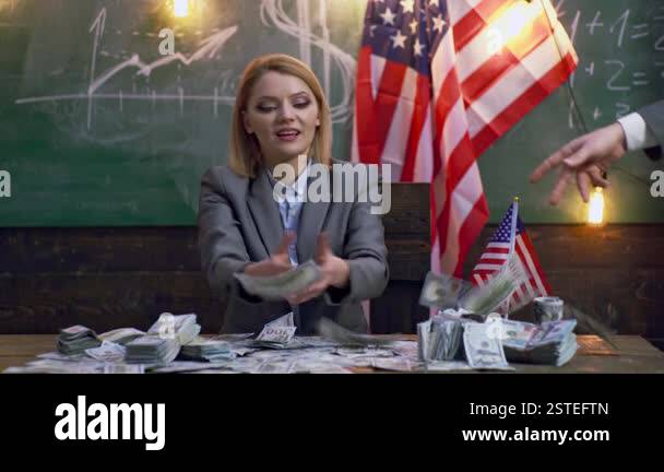 Giving money cash dollars concept. Women give a dollar to business man ...