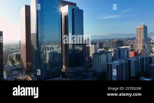 American LA city. LA landscape. Los Angeles skyline with towering ...