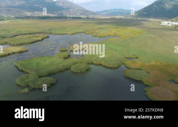 Aerial view of Stymphalia lake, located in the north-eastern part of ...