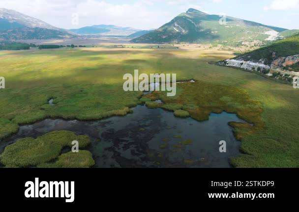 Aerial view of Stymphalia lake, located in the north-eastern part of ...
