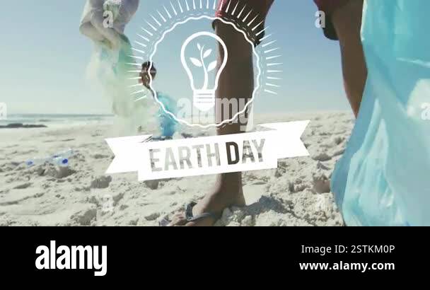Earth Day animation over people cleaning beach with blue plastic bags ...