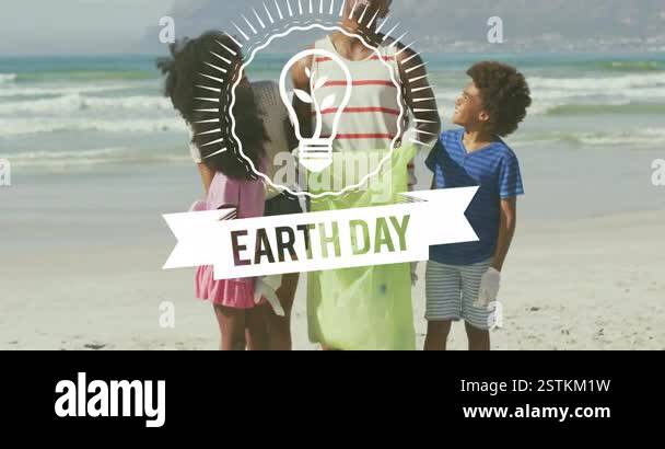 Earth Day animation over family cleaning beach with mountains in ...