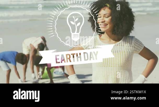 Earth Day animation over people cleaning beach and smiling woman ...