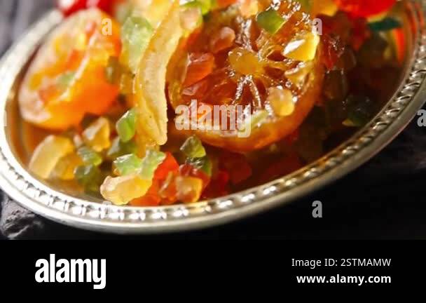 Candied peel and fruit orange, kumquat, tangerine, cherry, mango and ...