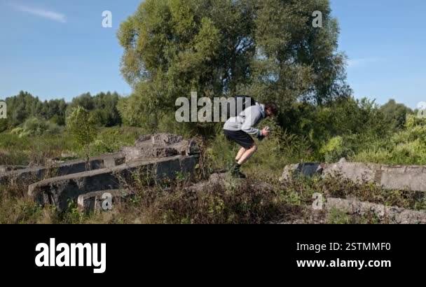 Caucasian Man Walks With Smartphone Near River. Hiking on Nature. Slow ...