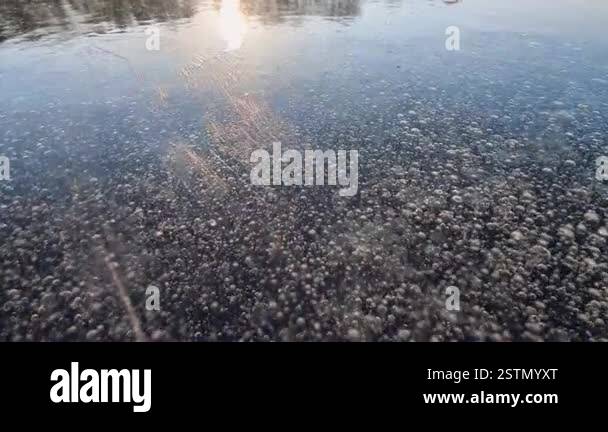 Walking on ice covering a frozen winter river. Cracks, air bubbles and ...