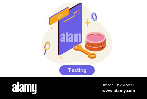 Software creation. Moving 3D banner with process of testing new digital ...