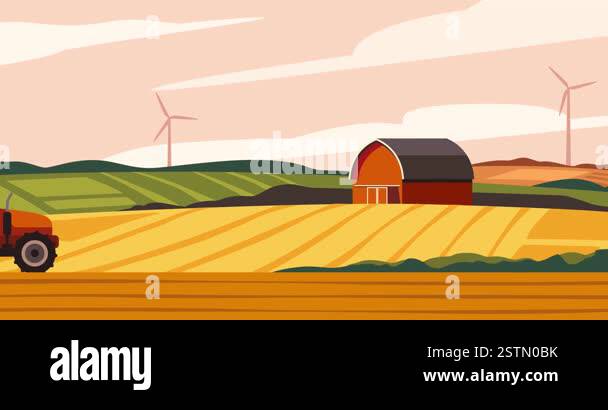 Agriculture and farming. Moving banner with tractor plowing field and ...