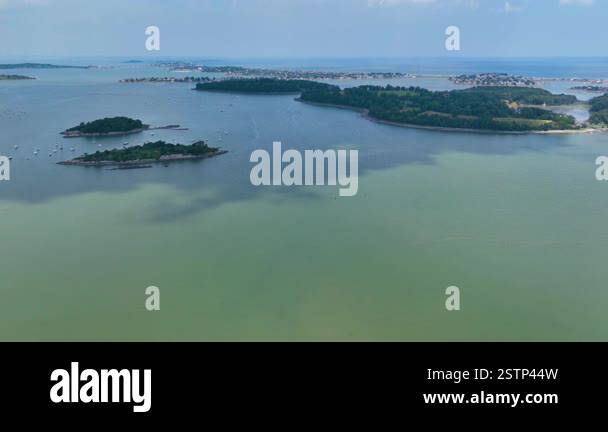 Sarah Island and Ragged Island aerial view in Hingham Harbor in town of ...