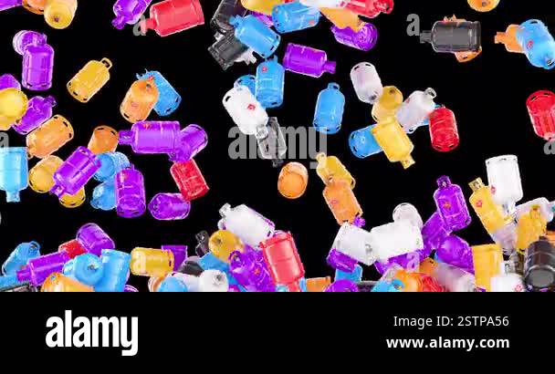 Colored gas cylinders with compressed gas falling and fill the screen ...