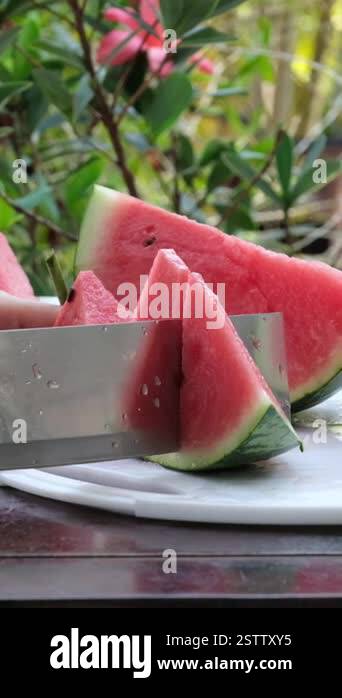 Outdoor patio setting with watermelon on glass table and wicker chair ...