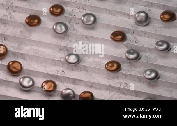 3d render animation of a group of silver and gold metallic soft balls ...