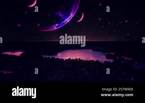 Alien planet with two satellites over a lake surrounded by forest ...