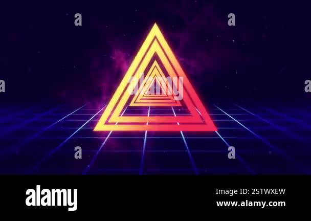 Retro animation of triangles moving towards camera and lightning bolts appearing with 80s style ...