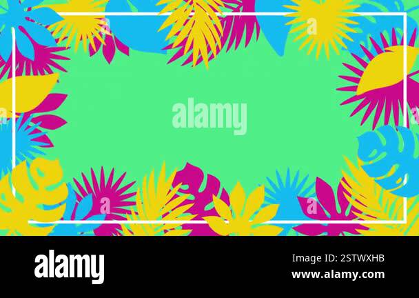 Yellow, magenta and cyan tropical plant leaves appearing and waving on ...