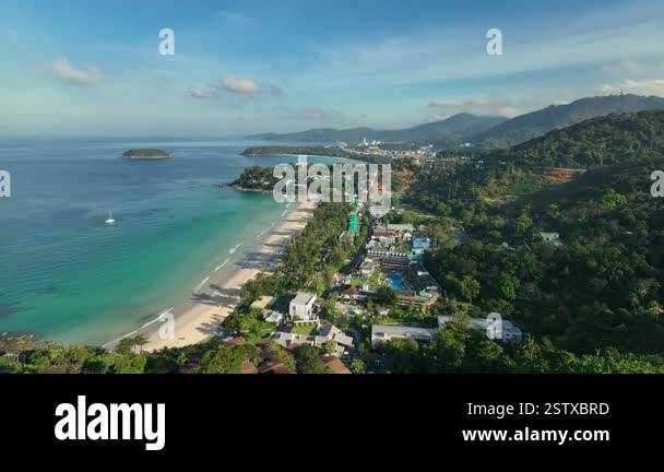 Aerial view fly orbit to reveal Kata and Karon beach, Phuket, Southern of Thailand Stock Video ...