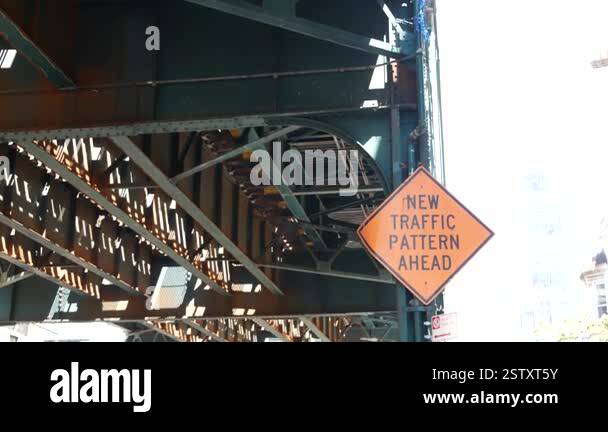 New York elevated subway, metropolitan bridge, metro track above street ...