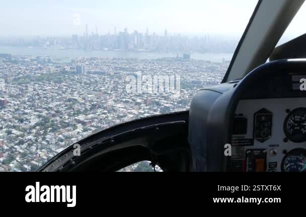 New York City helicopter cabin flight, heli cockpit flying over ...