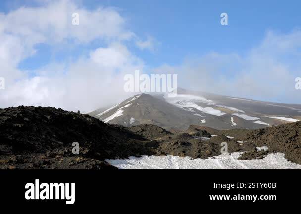 Timelapse of clouds on top of a volcano. The great volcano Etna in ...