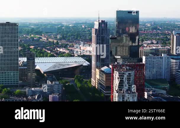 Aerial view of Rotterdam cityscape with tall buildings and modern ...
