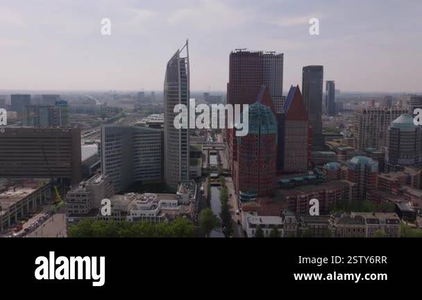 Aerial view of sleek skyscrapers and cityscape in The Hague. Modern ...
