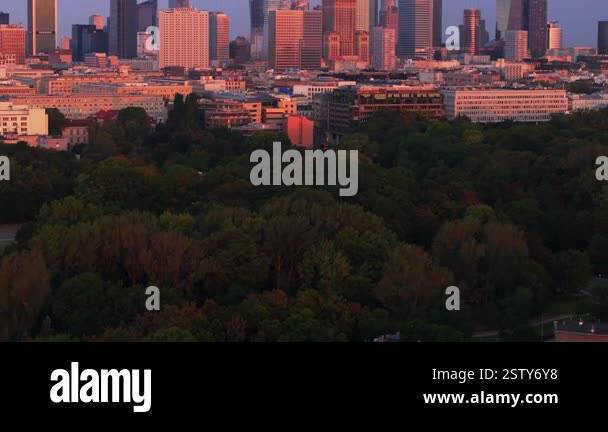 Modern skyscrapers are standing out in the Warsaw skyline, bathing in ...