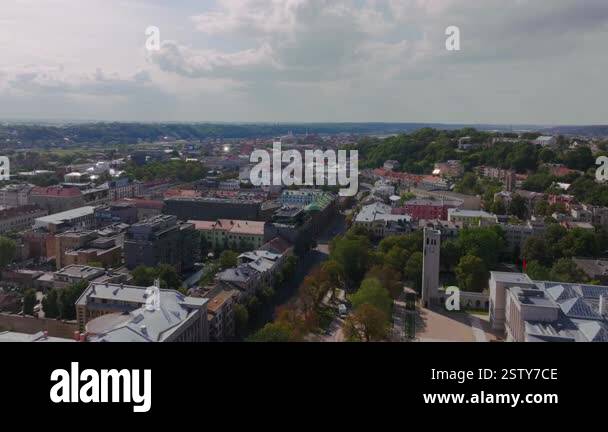 Aerial views capture the cityscape of Kaunas, Lithuania, showcasing ...