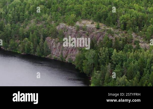 Camera moving over a lush forest bordering a fjord in the Aland islands ...
