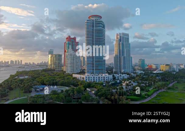 South Pointe Park and South Beach at Miami Beach with its iconic ...