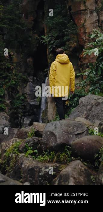 A man in a bright yellow jacket stands amidst lush greenery, facing a ...