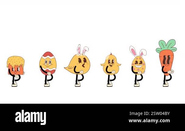 Set of groovy, cute cartoon Easter characters in a funky retro style ...