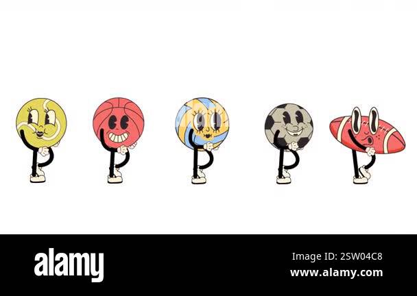 Set of retro cartoon style sport ball characters walking in a seamless ...