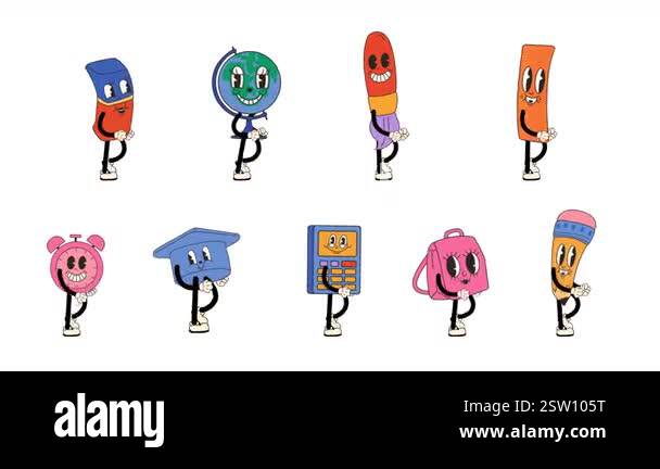 A set of retro school item mascot characters in a 1930s to 1960s ...