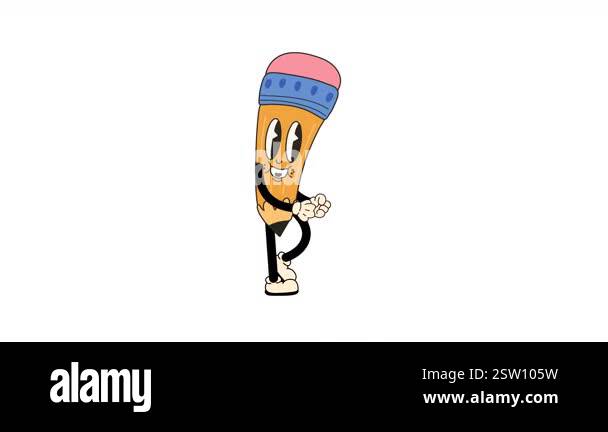 Groovy Retro Cartoon Pencil Character, walking in a seamless loop ...