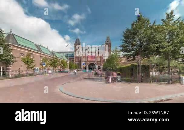 Hyperlapse of the Rijksmuseum, a famous tourist attraction in Museum Square, Amsterdam. The ...