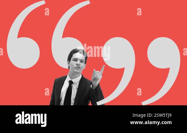Businessman gestures in front of oversized quotation marks, symbolizing ...