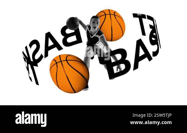 Basketball player in mid-dribble surrounded by floating typography and ...